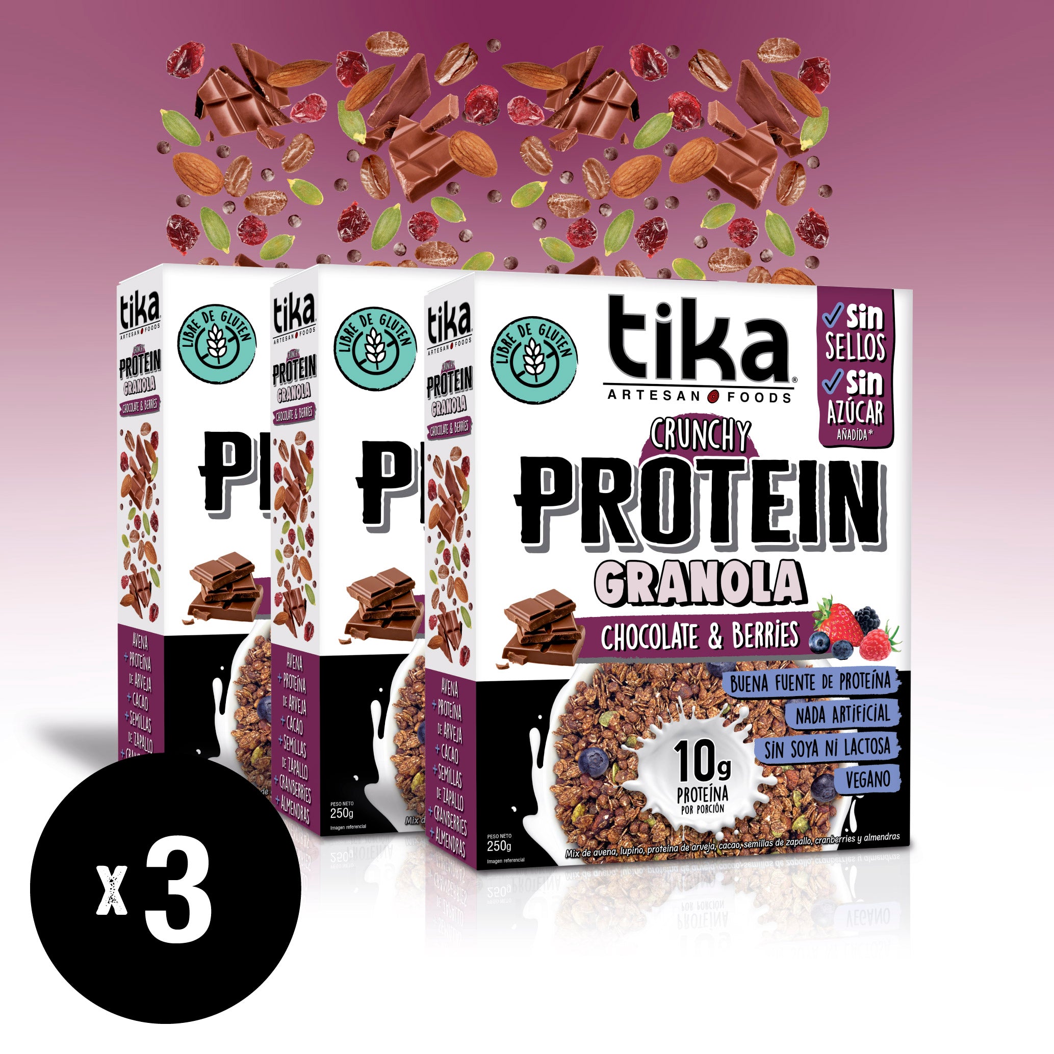 Pack 3 Tika Protein Granola Crunchy Chocolate & Berries 250g – Tika Foods
